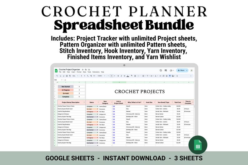 Crochet Planning Spreadsheet Bundle Google Sheets Crochet Inventory ...