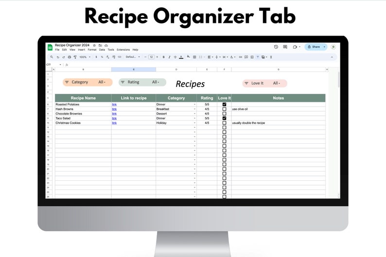 Recipe Organizer Spreadsheet: Google Sheets Template (instant Digital ...