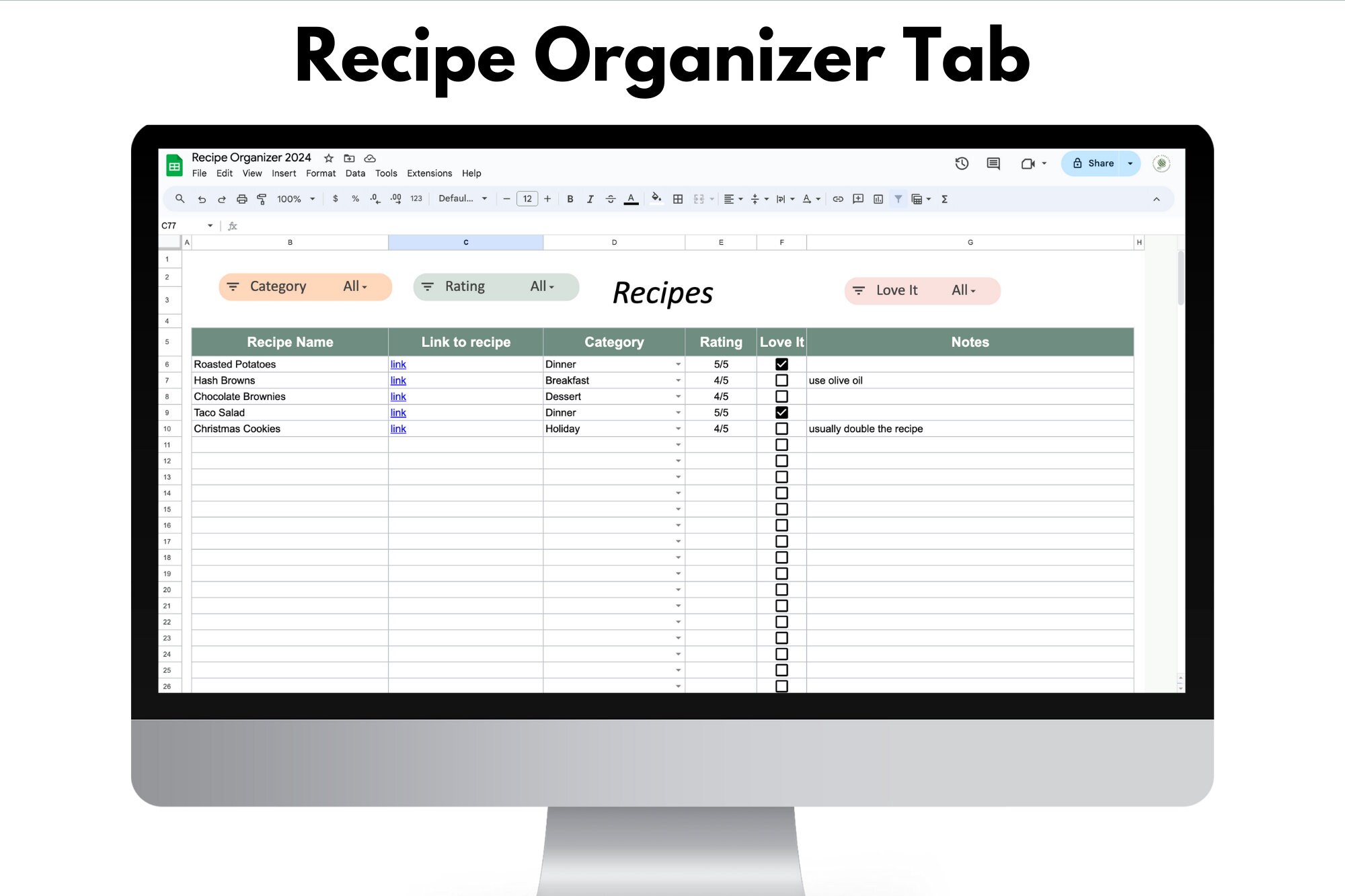 Recipe Organizer Spreadsheet: Google Sheets Template (instant Digital ...