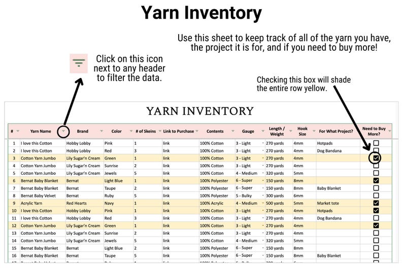 Crochet Planning Spreadsheet Bundle Google Sheets Crochet Inventory ...