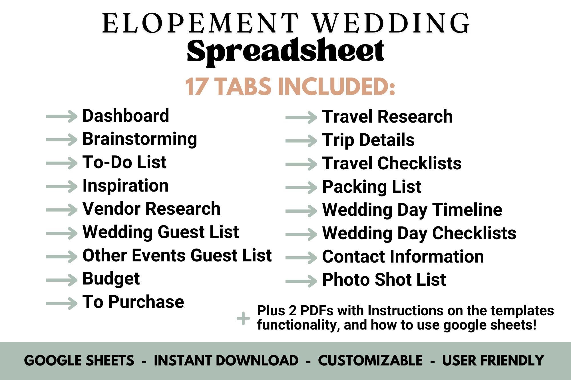 Elopement Wedding Planner: Google Sheets Template (instant Digital ...