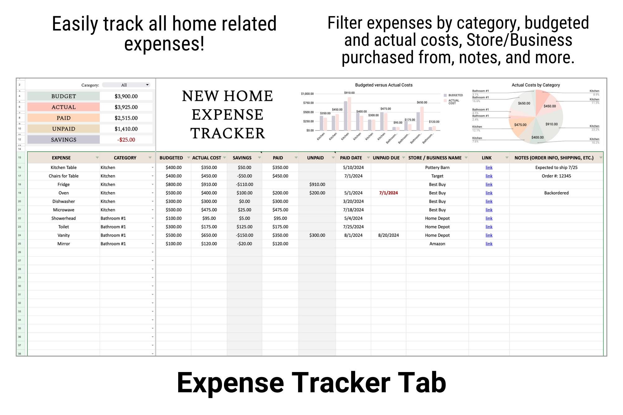 New Home Expense Tracker: Google Sheets Budget Template (digital ...