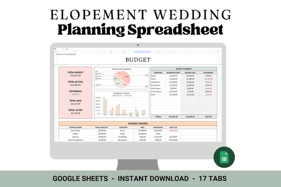 Elopement Wedding Planner: Google Sheets Template (instant Digital ...