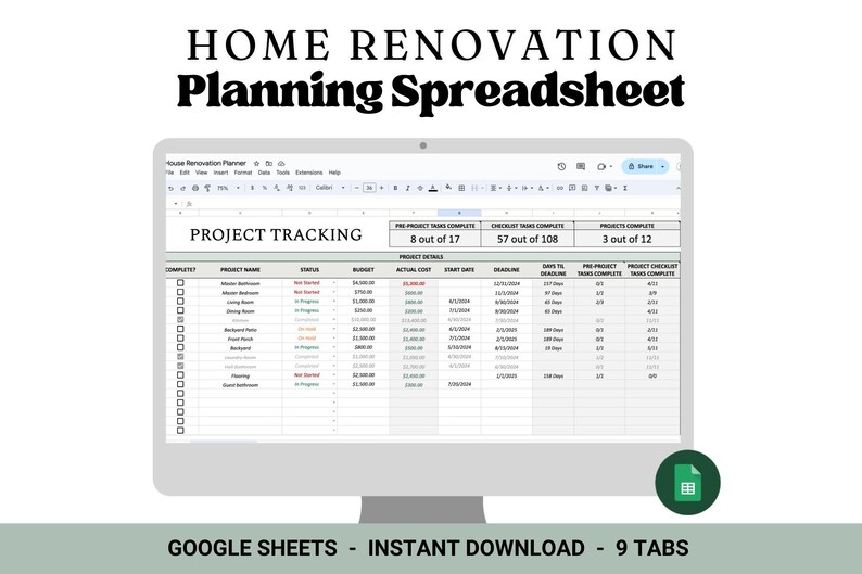 Home Renovation Tracker: Google Sheets Budget Template (digital ...