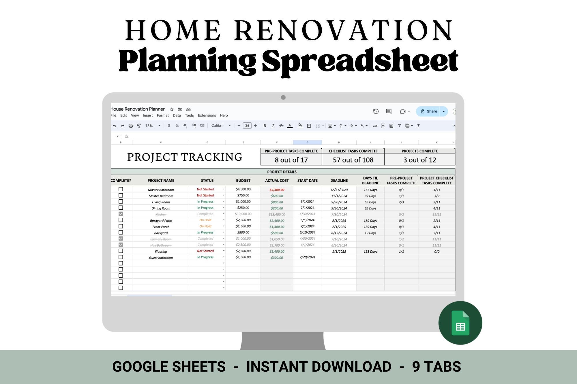 Home Renovation Tracker: Google Sheets Budget Template (digital ...