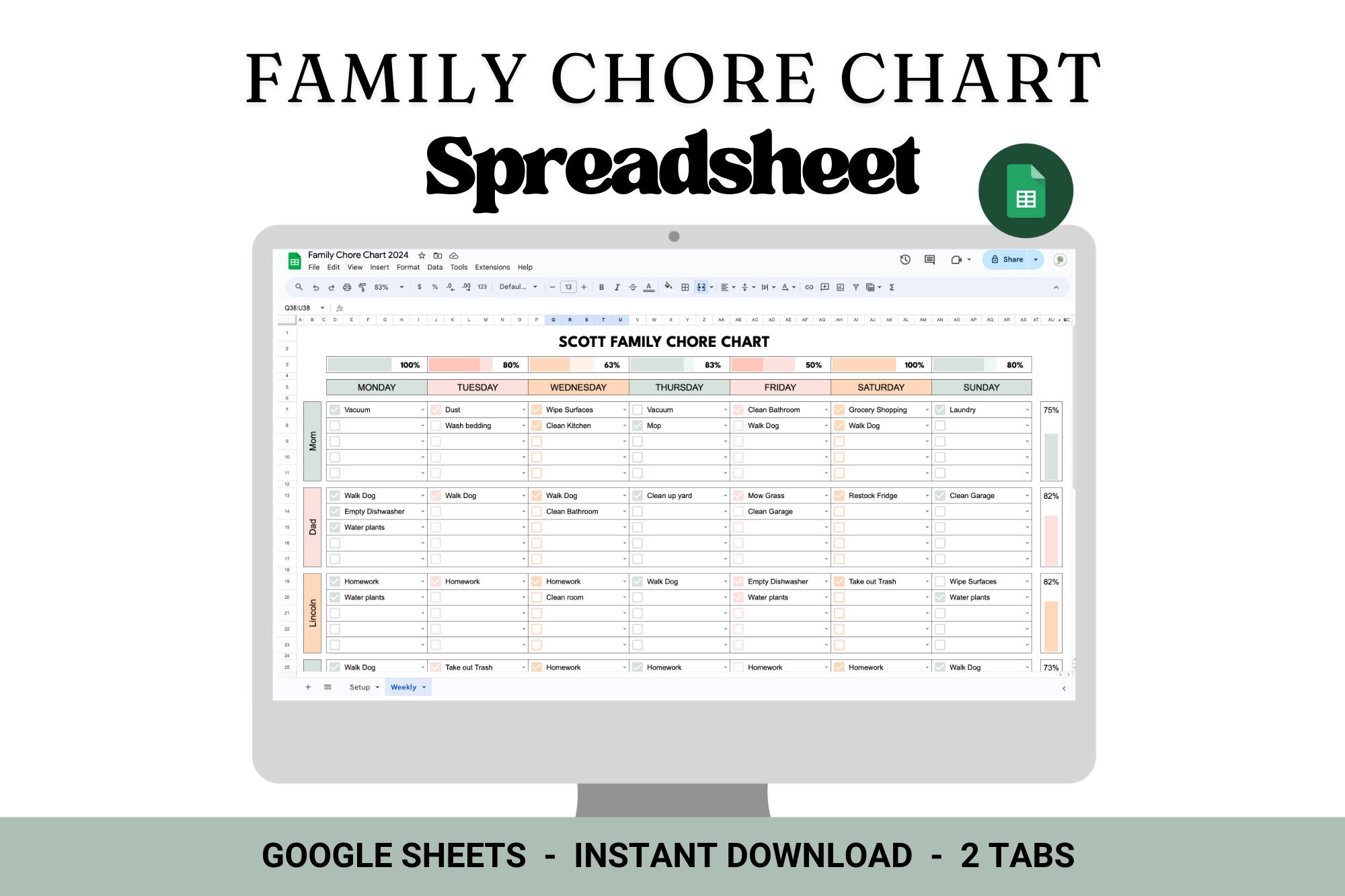 Family Chore Chart | Google Sheets | Customizable Spreadsheet Template ...