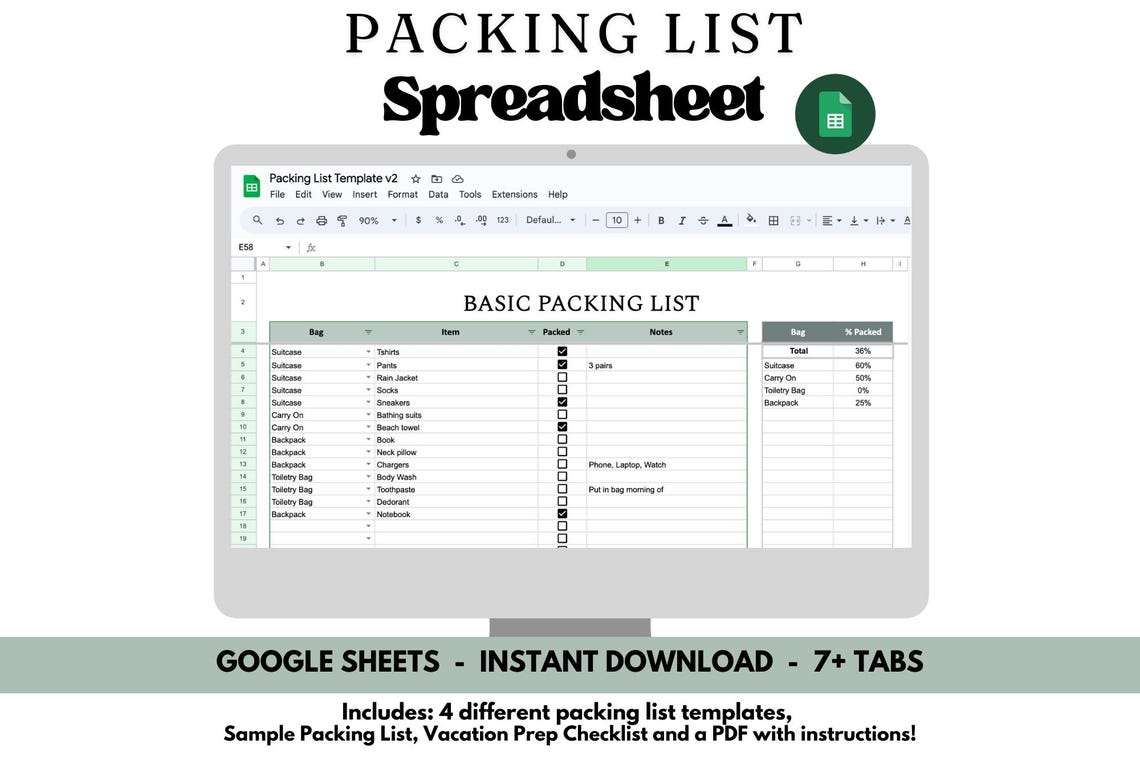 Travel Packing List Spreadsheet Google Sheets Template Packing ...