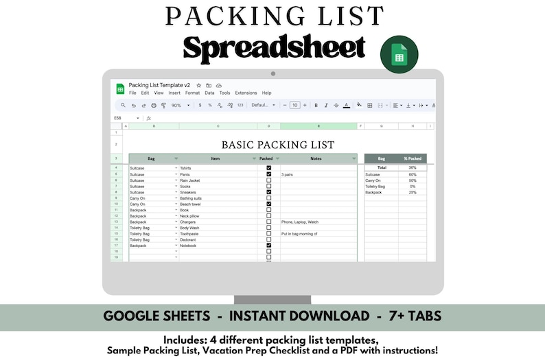 Travel Packing List Spreadsheet | Google Sheets Template | Packing ...