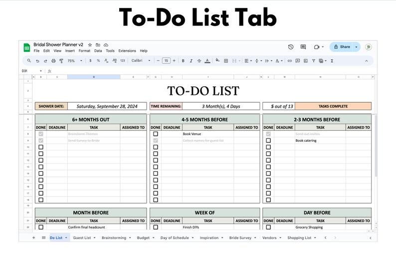 Bridal Shower Planning Spreadsheet: Google Sheets Template (digital ...