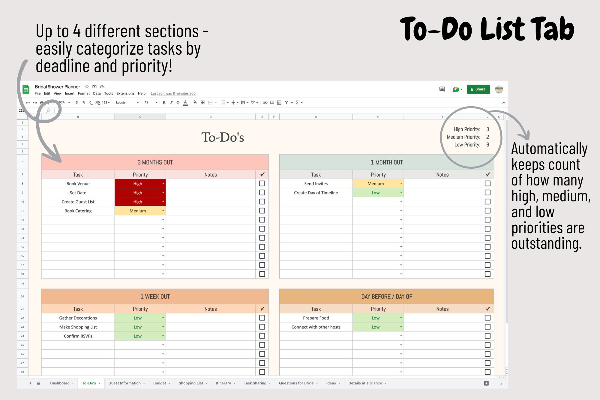 Bridal Shower Planning Spreadsheet Google Sheets Template Wedding Maid ...