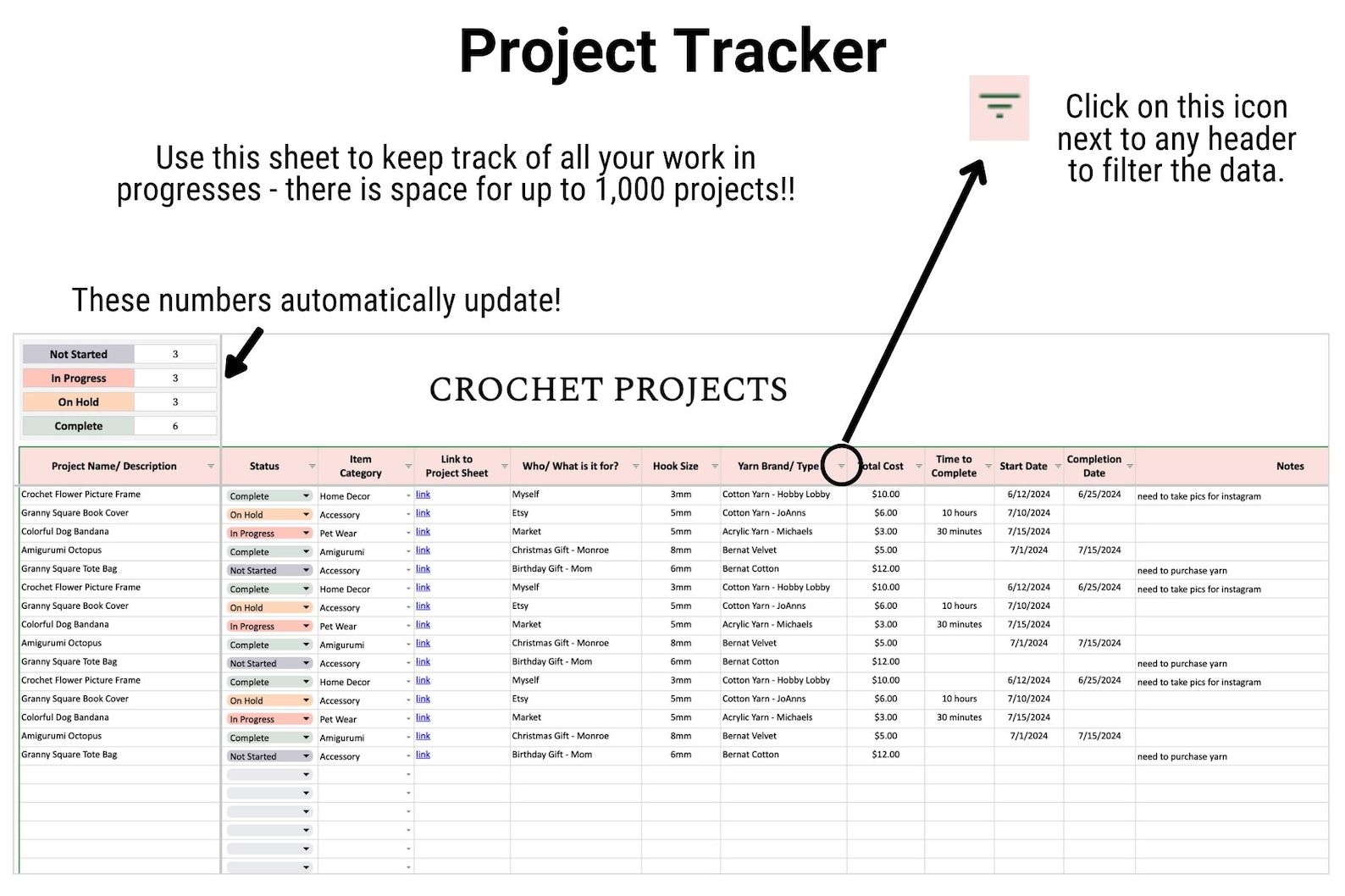 Crochet Planning Spreadsheet Bundle: Google Sheets Template (digital ...