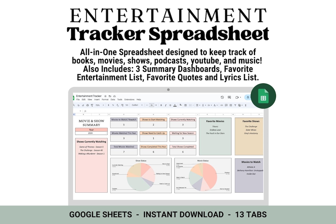 Entertainment Tracker Spreadsheet: Movie, Show, Book, Music, Google ...