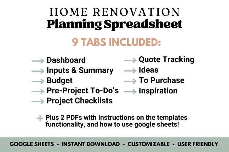 Home Renovation Tracker: Google Sheets Budget Template (digital ...