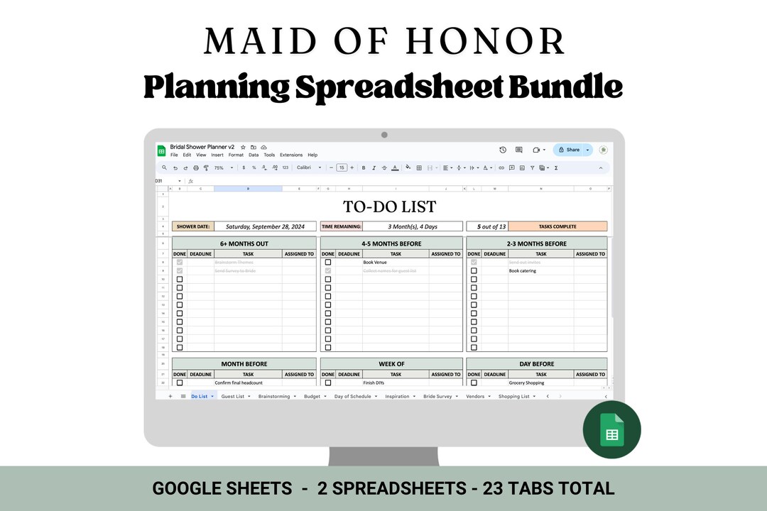 Maid of Honor Planning Spreadsheet Bundle: Bachelorette & Bridal Shower ...
