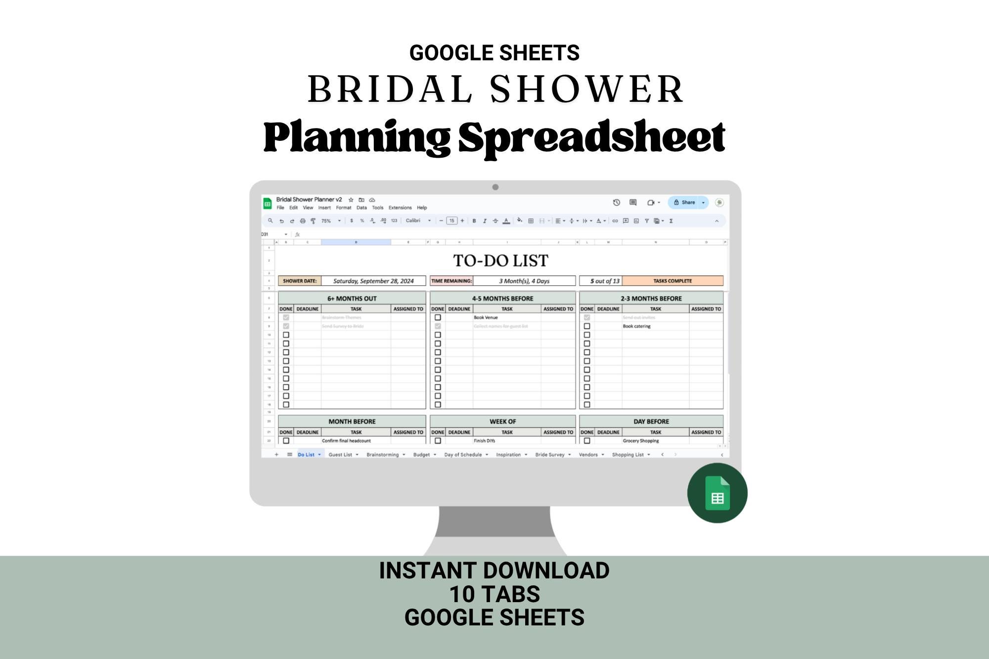 Bridal Shower Planning Spreadsheet: Google Sheets Template (digital ...