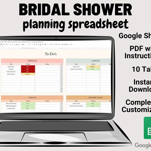 Bridal Shower Planning Spreadsheet Digital Download Google - Etsy