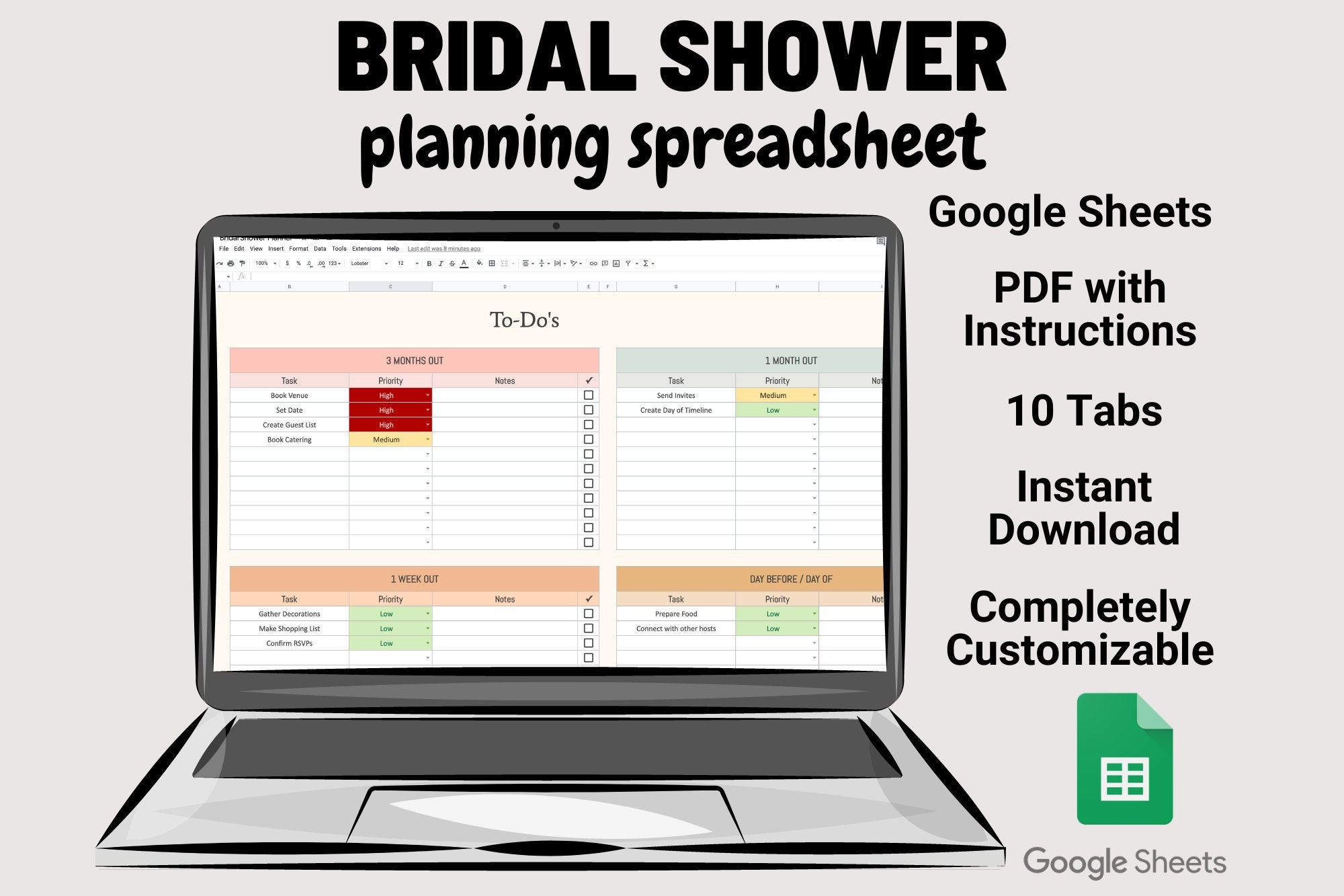 Bridal Shower Planning Spreadsheet Google Sheets Template Wedding Maid ...