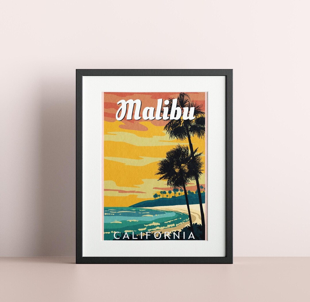 Malibu Sunset Travel Poster: Vintage California Coastal Art - Etsy