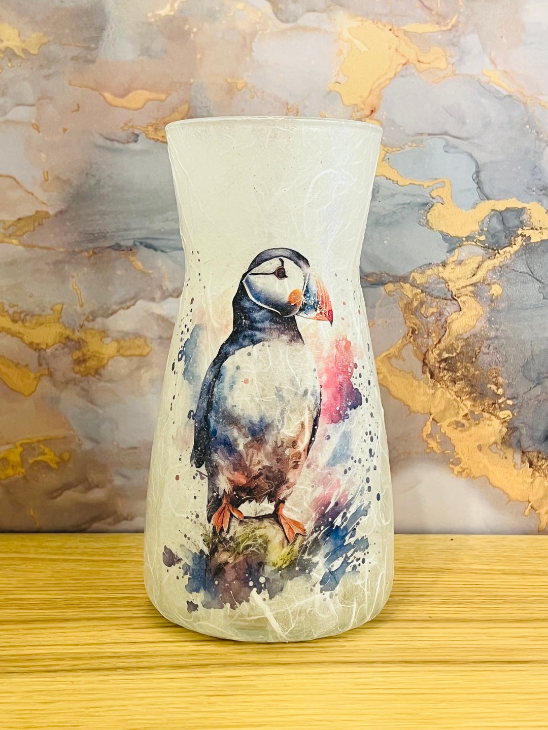 Beautiful Puffin Design Handmade Glass Vase Finished in a Glitter ...