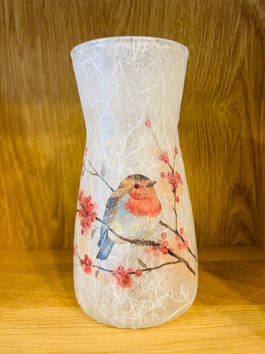 Handmade Glass Vase: Robin and Blossom Design With Glitter Varnish ...