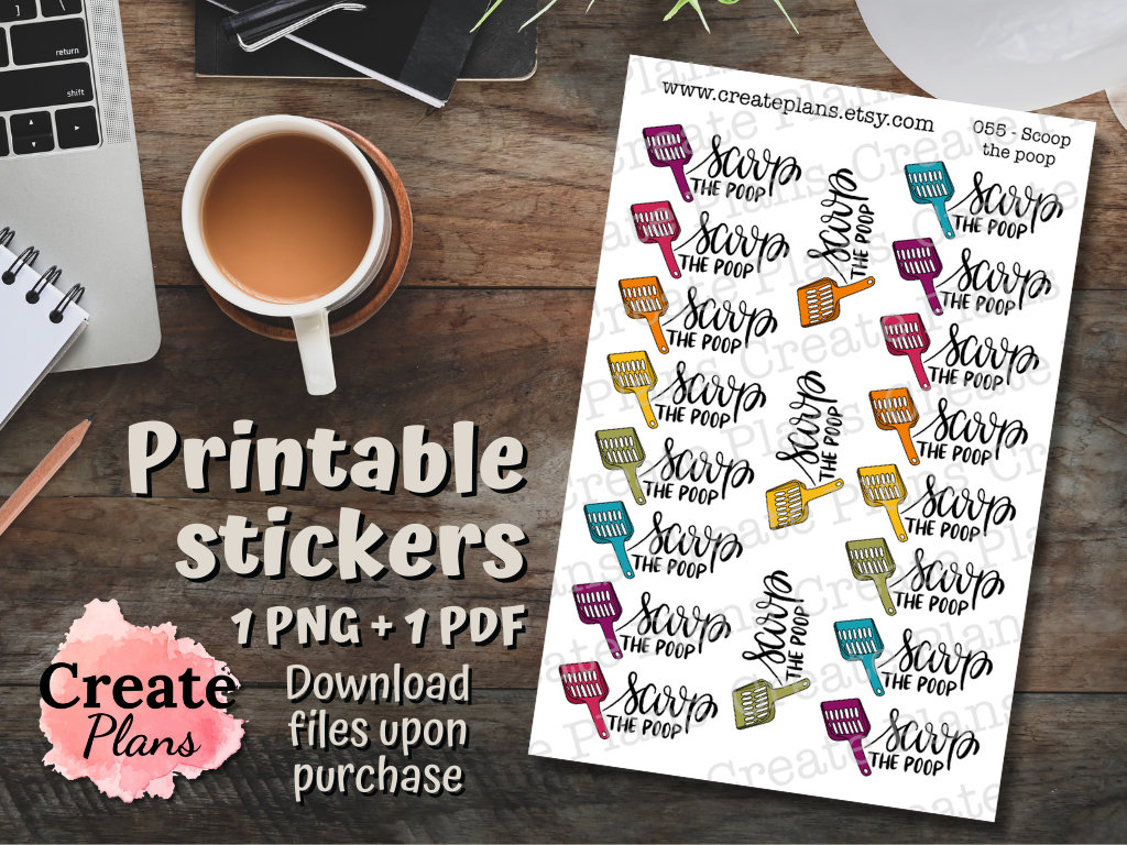 Scoop the Poop Printable Sticker Sheet | Cat, Litter Box, Pet Stickers ...
