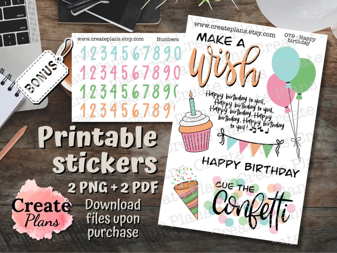 Happy Birthday Printable Sticker Sheet Bonus Numbers Essential Stickers ...