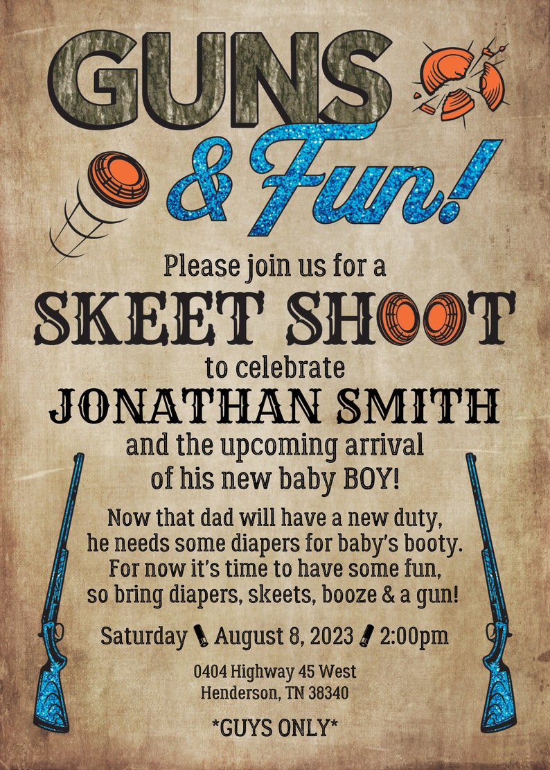 GUNS & FUN, Baby Shower, Skeet Shoot Invitation, Baby Boy Shower ...