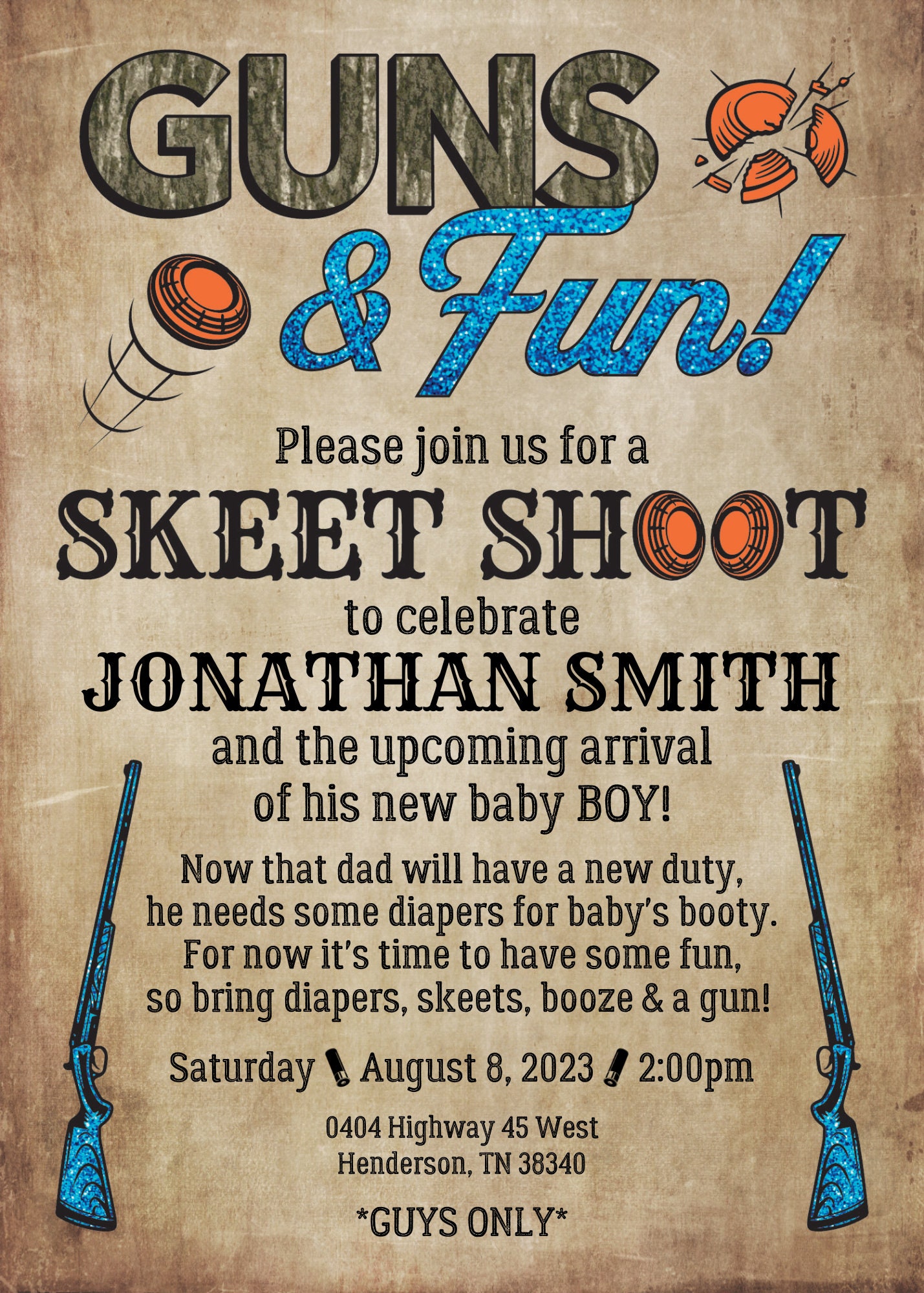 GUNS & FUN, Baby Shower, Skeet Shoot Invitation, Baby Boy Shower ...