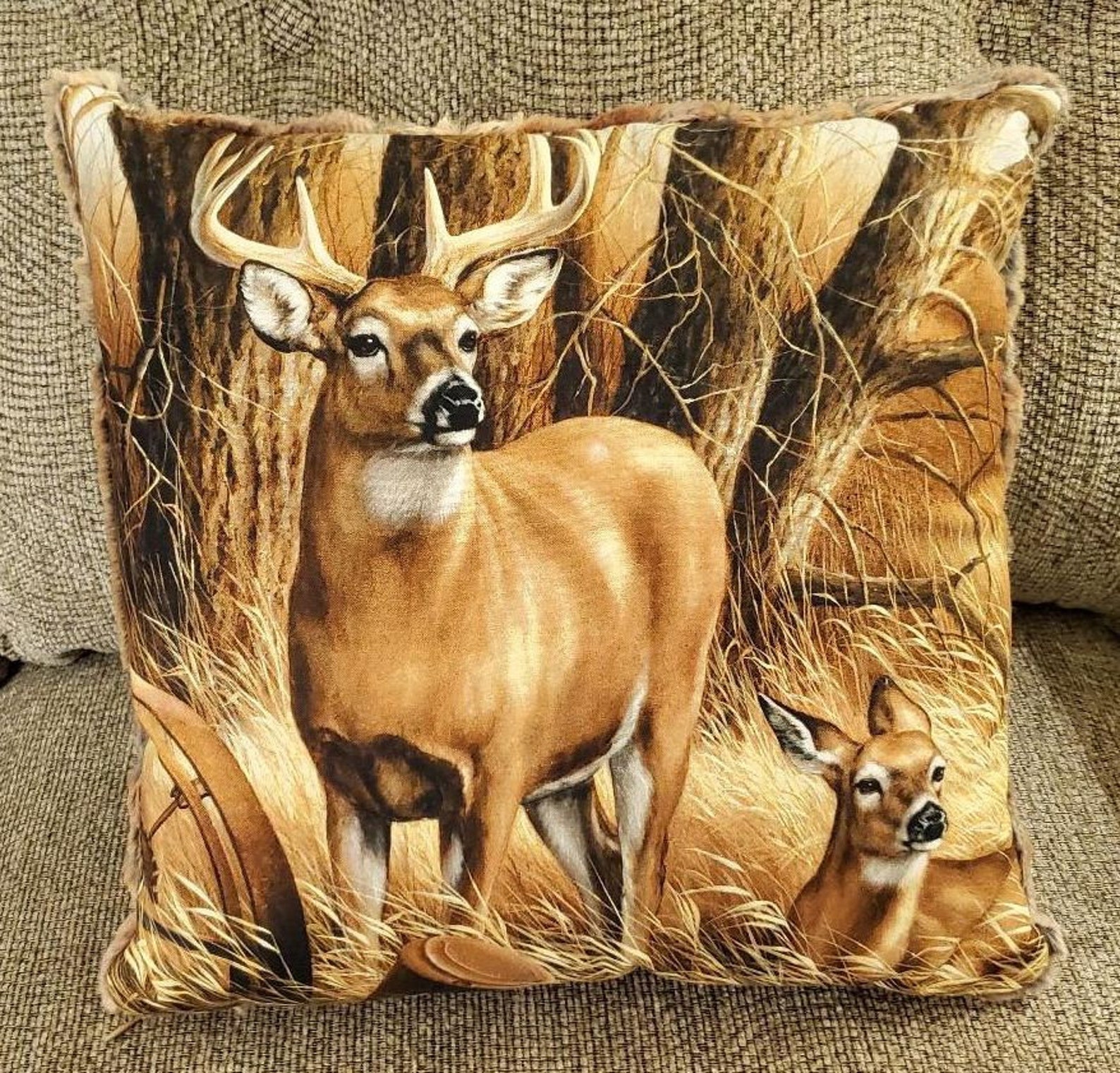 Deer in Forest Pillows, Realistic, 14 X 14, Minky on Reverse, Decor for ...
