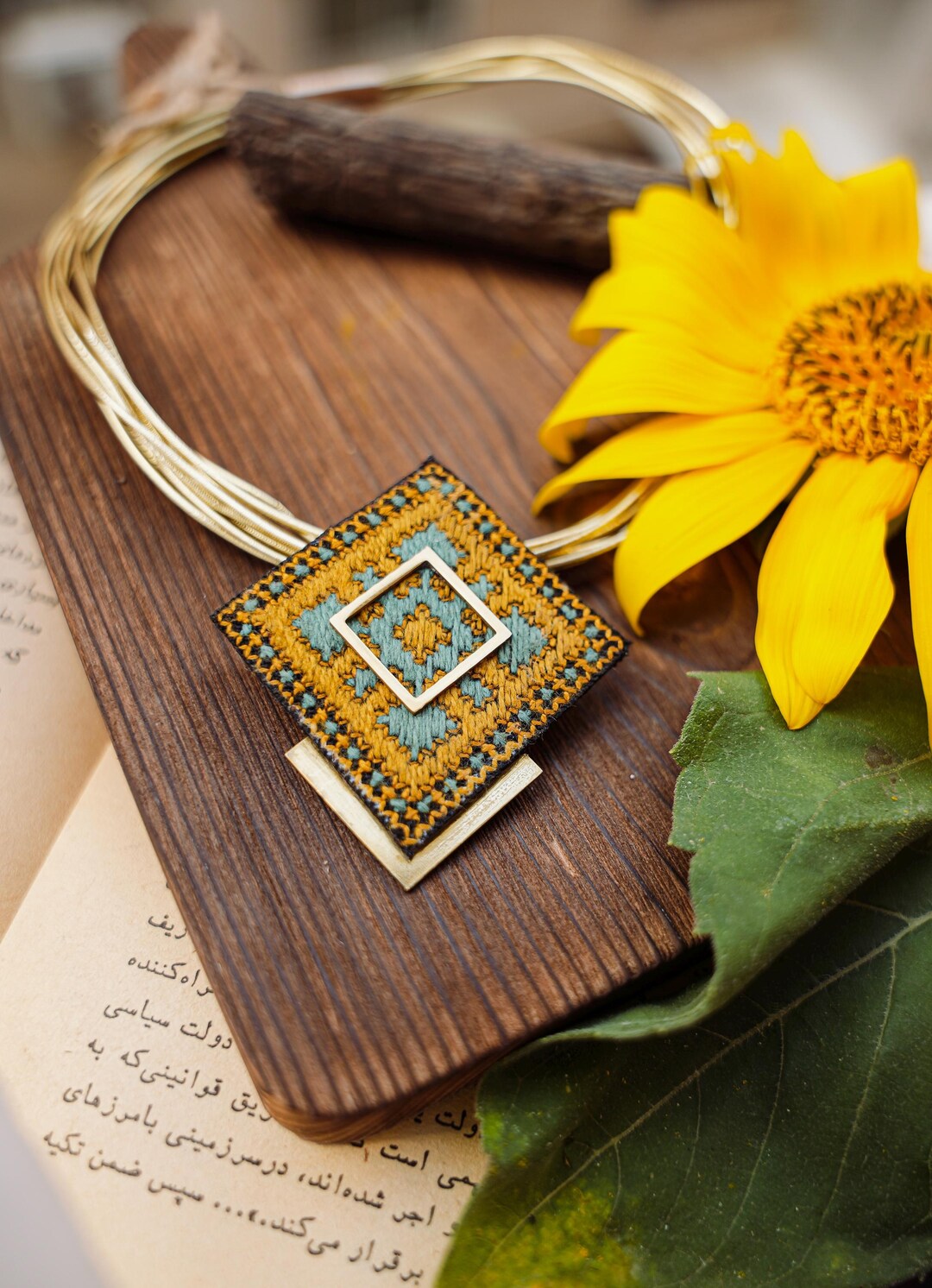 Handmade Embroidered Green and Gold Pendant Necklace, Vintage Necklace ...