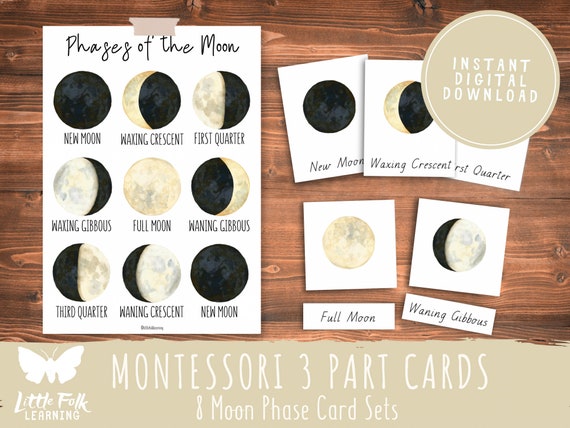 Moon Phases Montessori 3 Part Cards // Preschool Printable // | Etsy