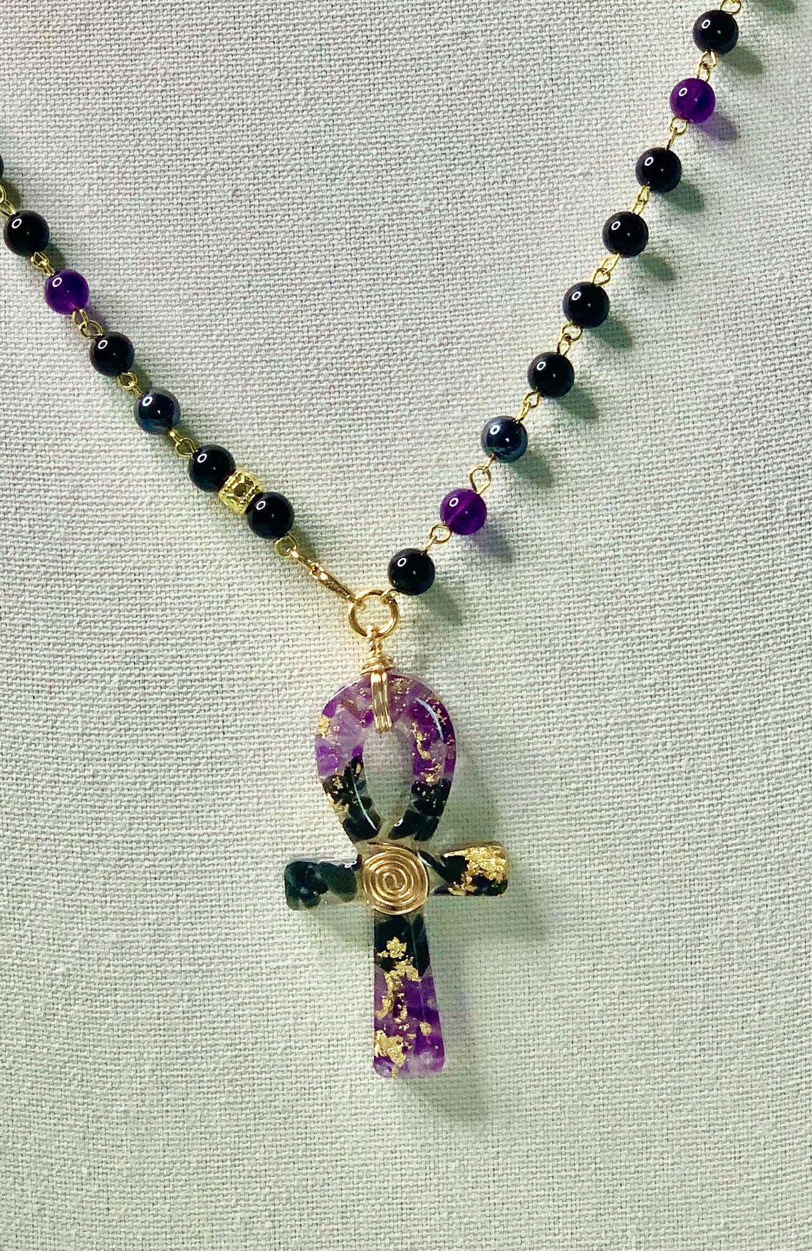 Amethyst / Black Onyx/ Hematite Necklace With Ankh - Etsy