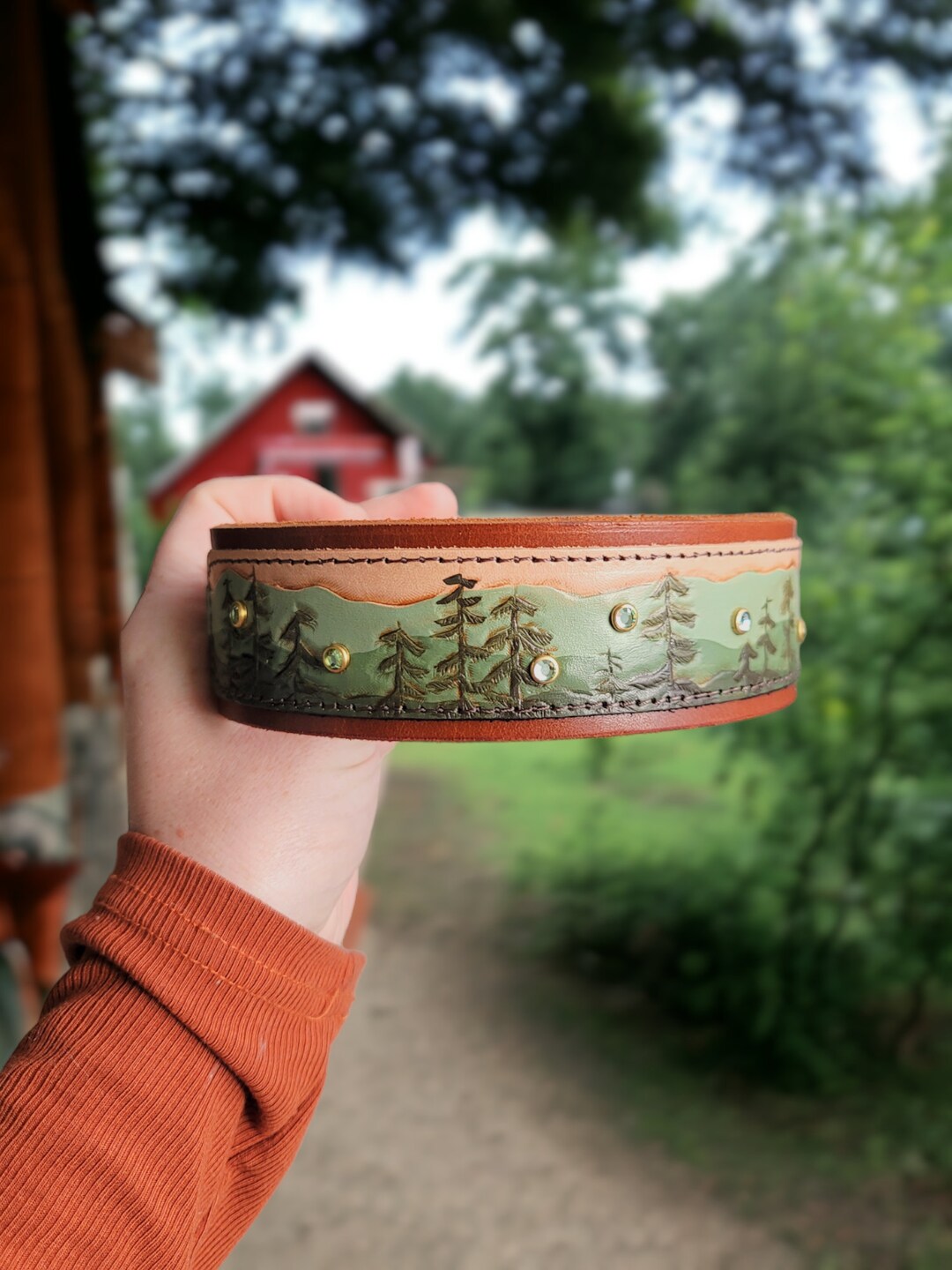 Sage Mountains and Pine Trees Leather Dog Collar - Handcrafted and ...