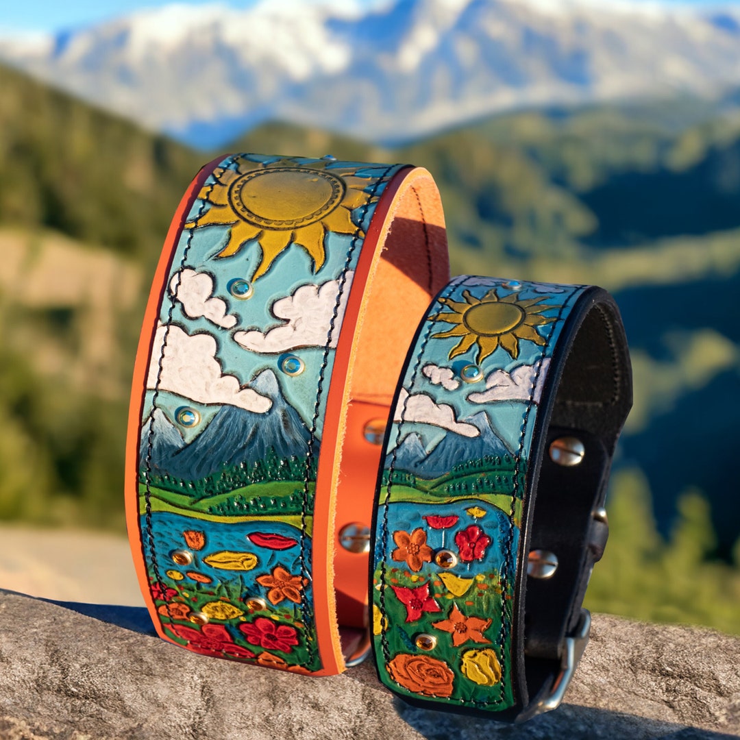Lake Scene - Tooled Leather Dog Collar. Custom-made for Large and Small ...