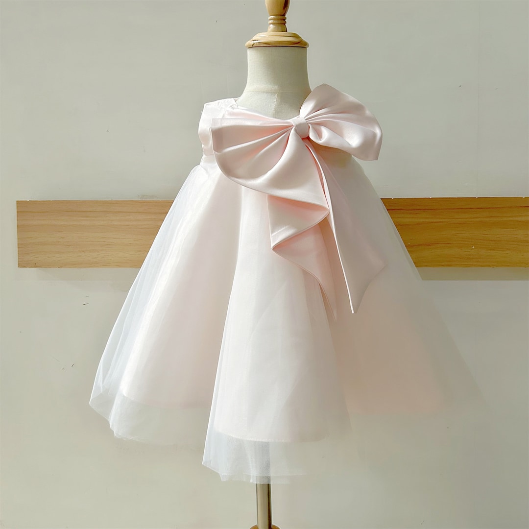 Light Pink Baby Dress With Bow Tulle Satin Dress Baby Girl Dress for Wedding Toddler Flower Girl ...
