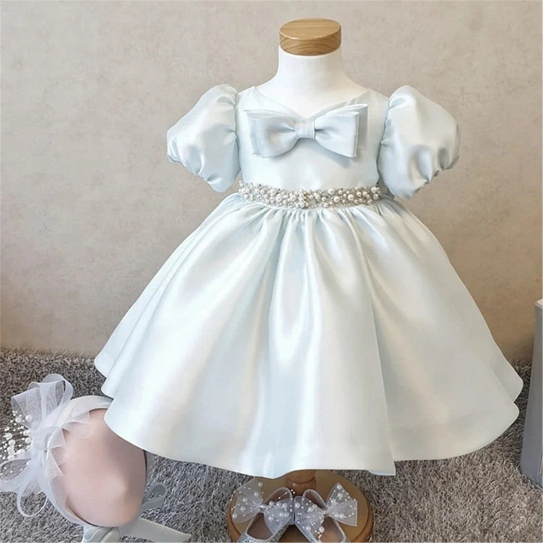 Elegant Light Blue Dress Satin Dress Flower Girl Dress Pearls - Etsy