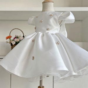 Fancy Cup Sleeve Baby Dress, White Satin Dress With Pearls, Wedding ...