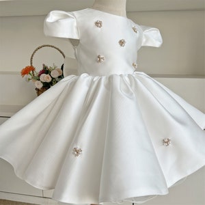 Fancy Cup Sleeve Baby Dress, White Satin Dress With Pearls, Wedding ...