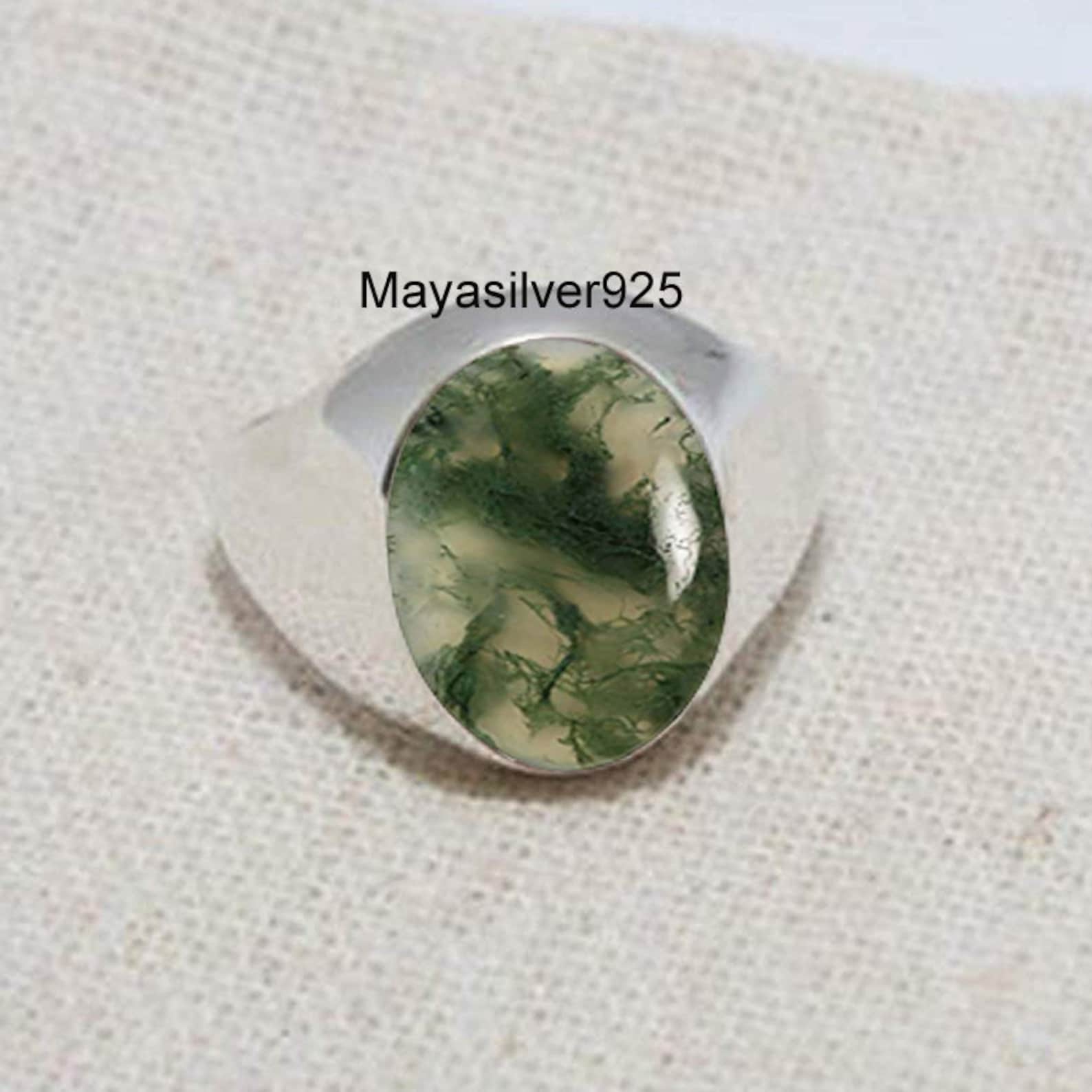 Men's Green Moss Agate Sterling Silver Ring Gemstone | Etsy