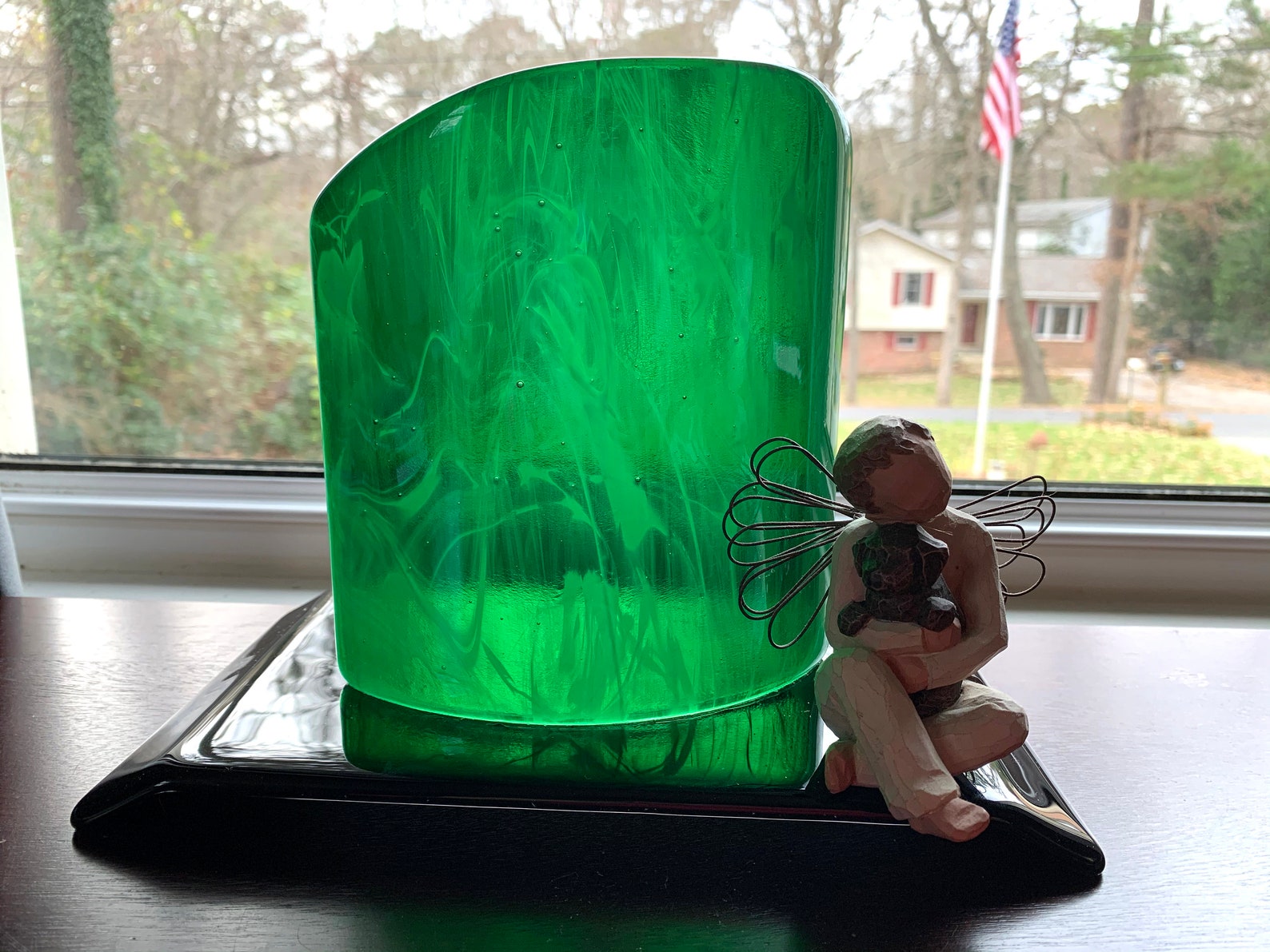 Green Glass Table Sconce w/Black Stand Center/Mantel Piece | Etsy