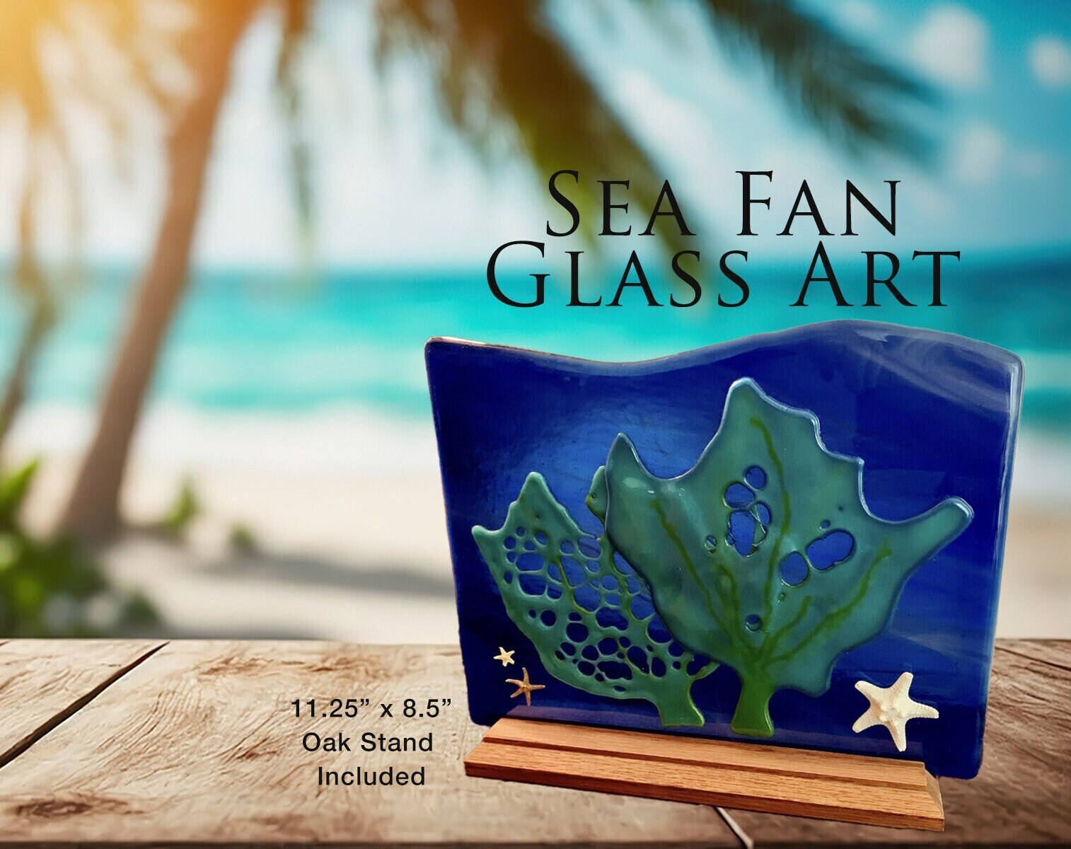 Sea Fans Starfish Decorative Glass Art Oak Stand Included - Etsy