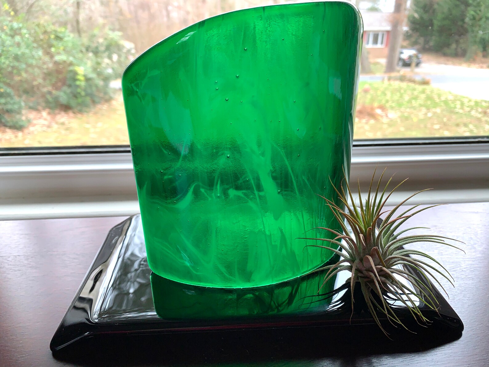 Green Glass Table Sconce w/Black Stand Center/Mantel Piece | Etsy