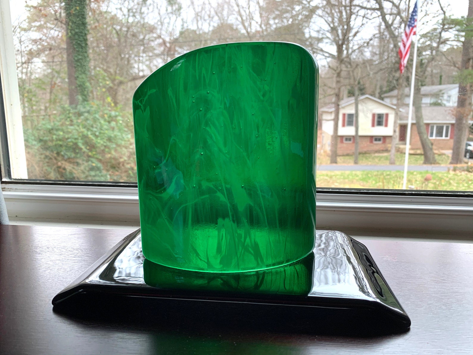 Green Glass Table Sconce w/Black Stand Center/Mantel Piece | Etsy