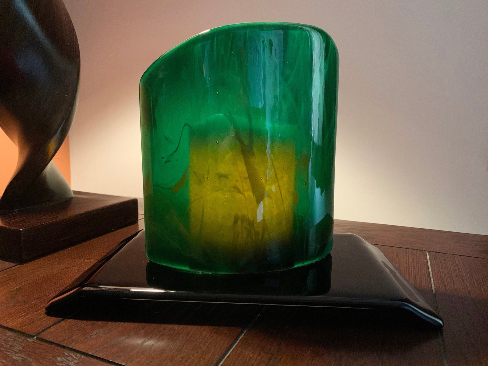 Green Glass Table Sconce W/black Stand Mantel Piece Art - Etsy