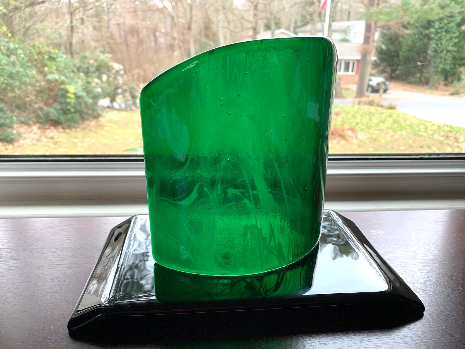 Green Glass Table Sconce w/Black Stand Center/Mantel Piece | Etsy