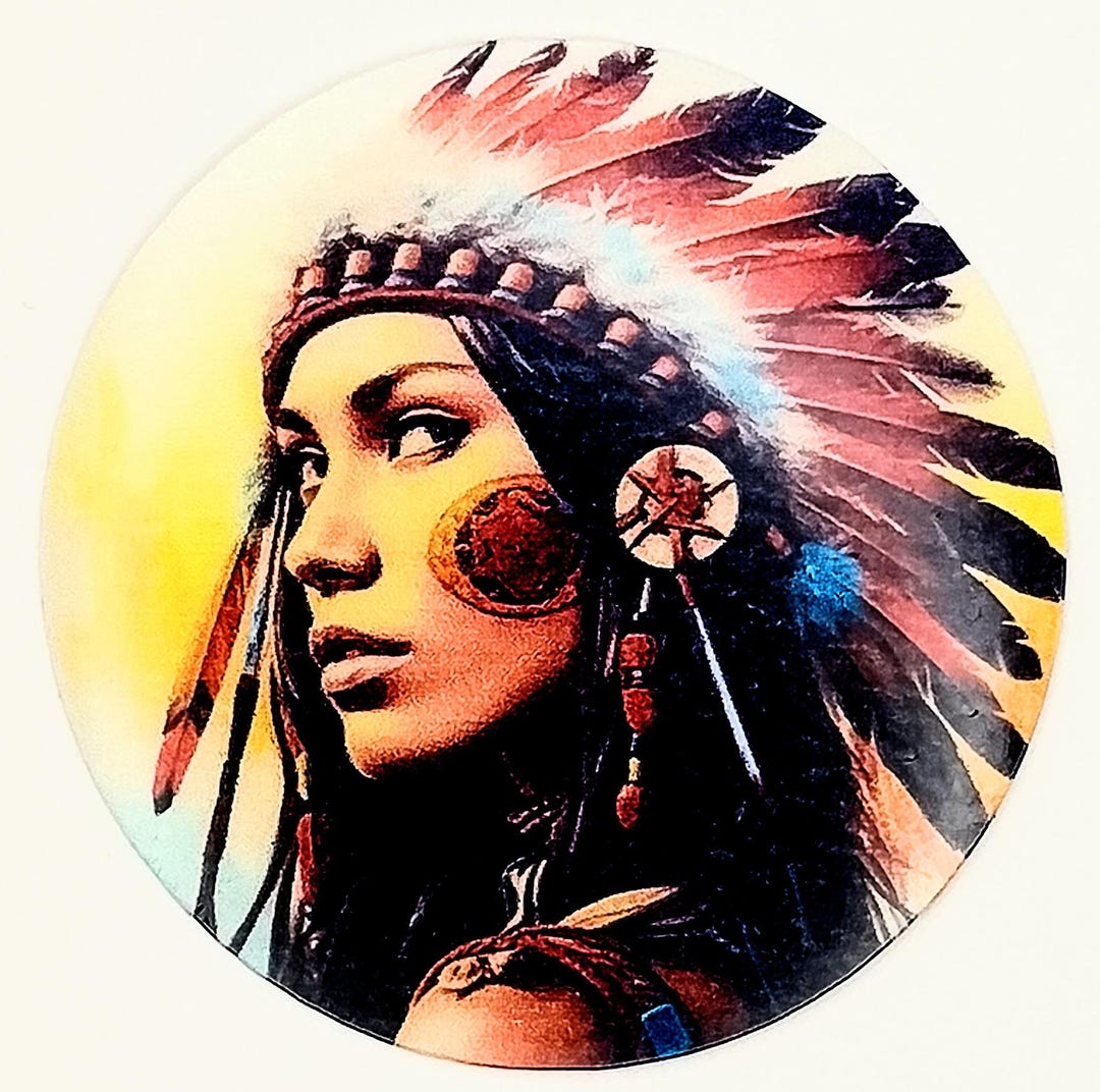 Indigenous Woman Art Sticker, Native American War Bonnet, Weatherproof ...