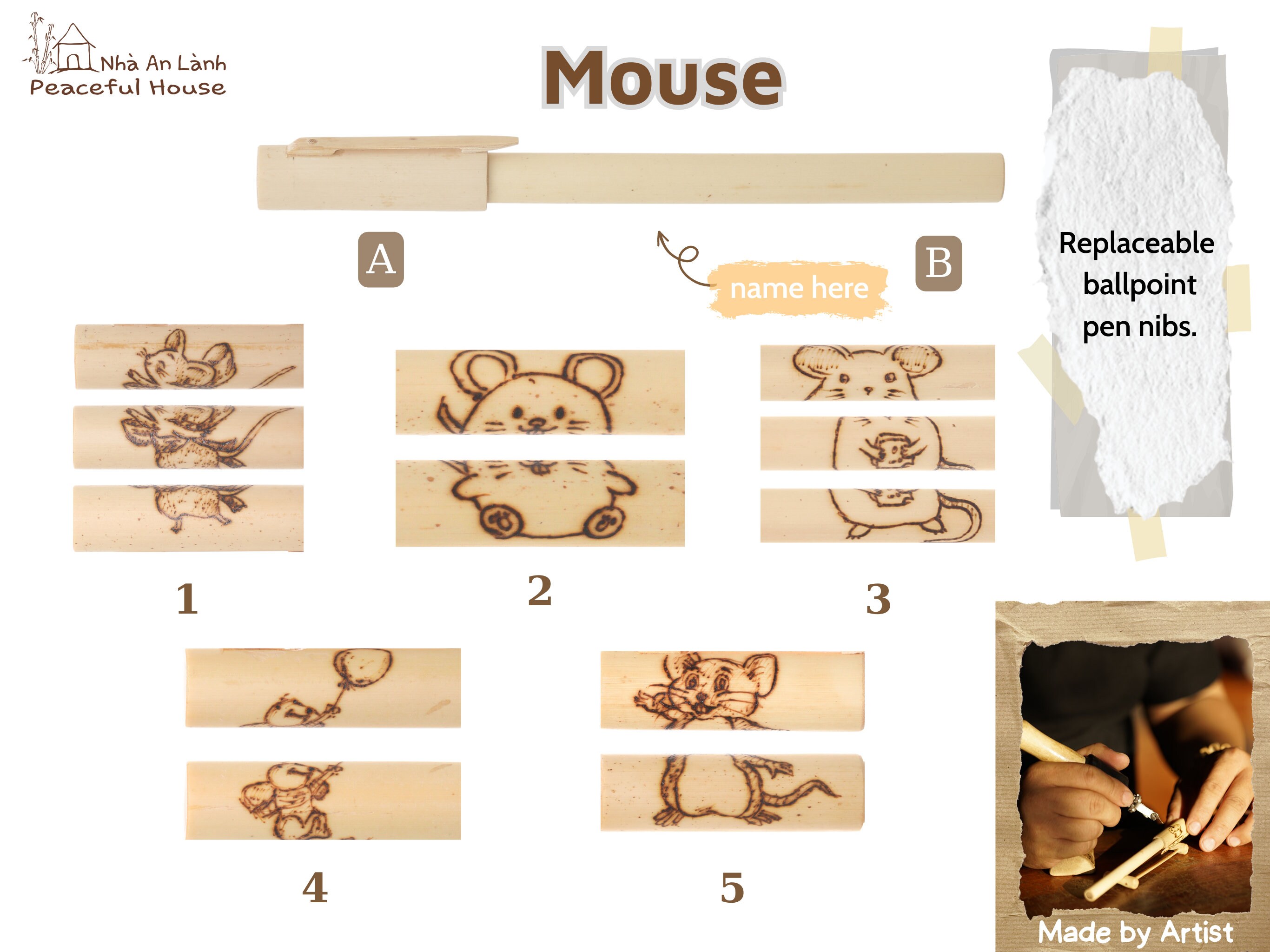 Bamboo Ballpoint Pen Engraved With the Image of a Mouse by an Artist ...