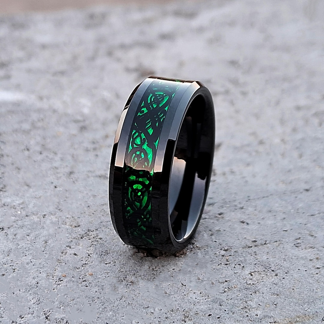 Black Tungsten Ring: Green Celtic Dragon Inlay, Durable Wedding Band - Etsy