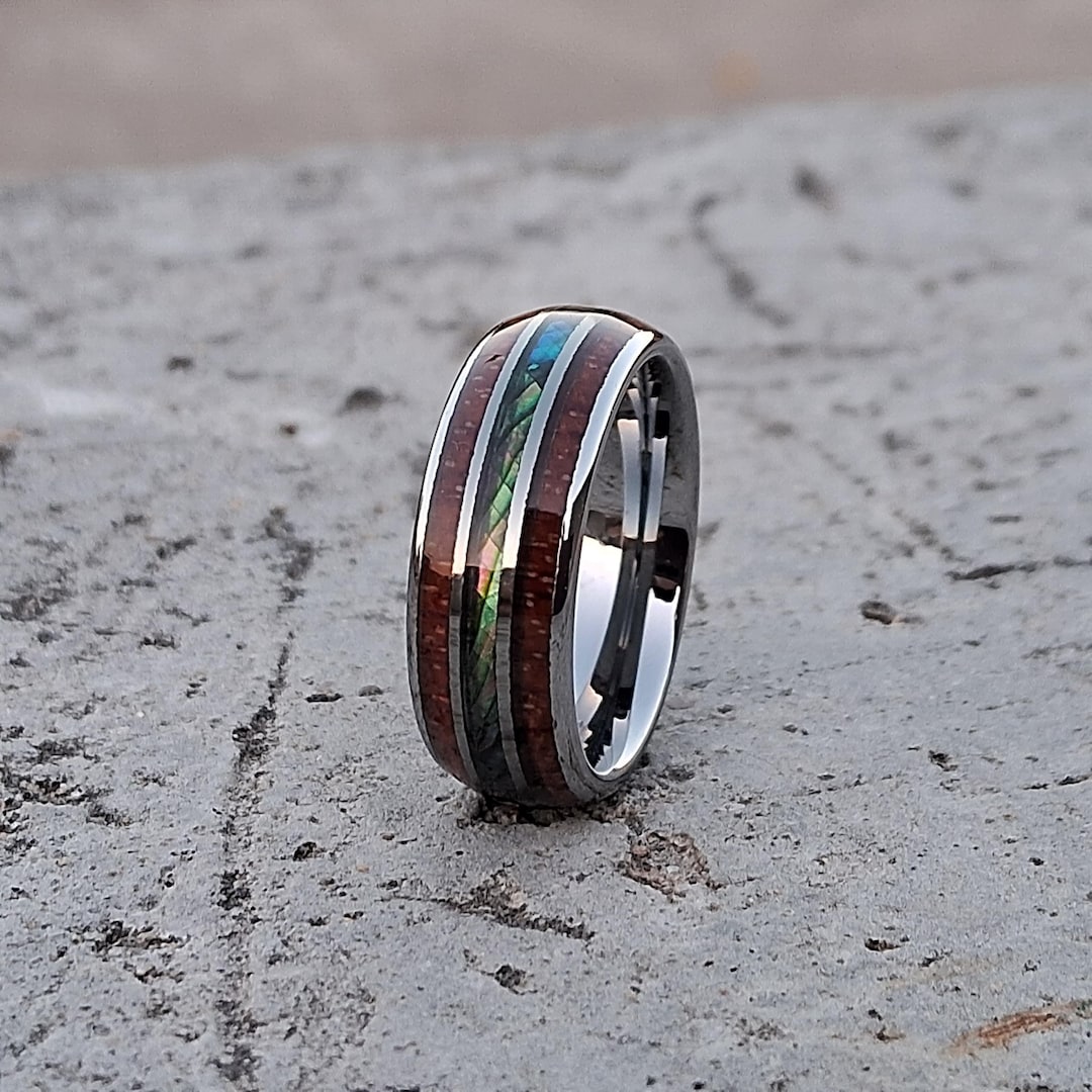 8mm Tungsten Ring - Hawaiian Koa Wood & Labradorite Inlay Wedding Band ...