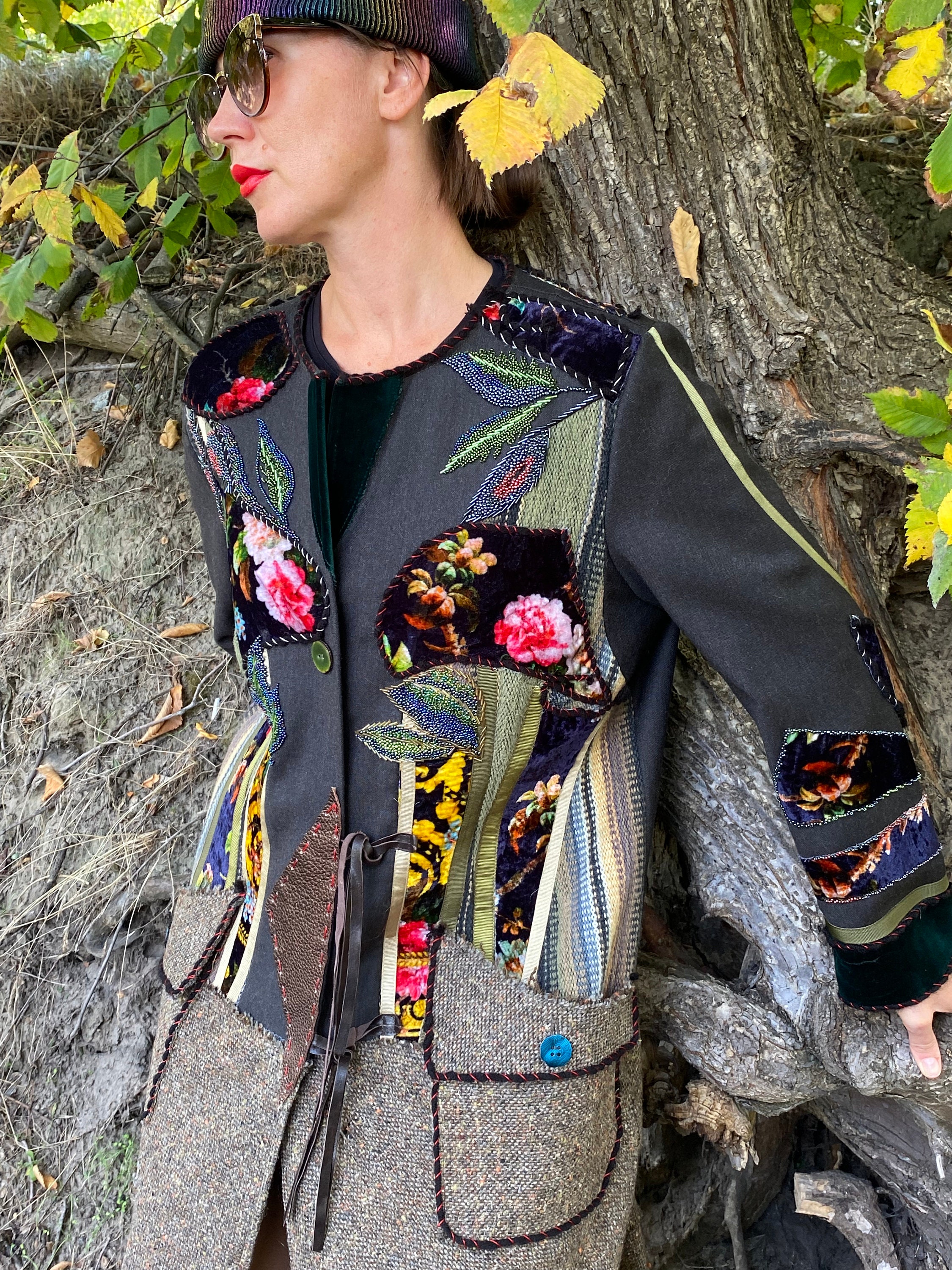 Floral Rob Patchwork Coat appliqué Embroidery Coat Black - Etsy